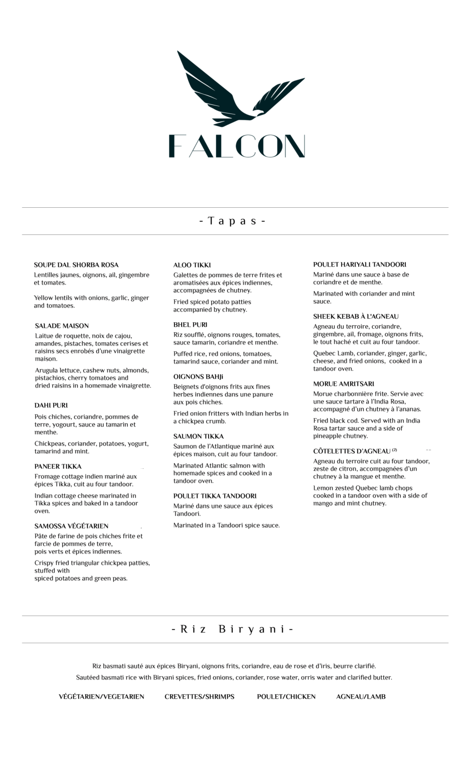 Falcon Restaurant Menu - Savour our Exquisite Dine-In Options